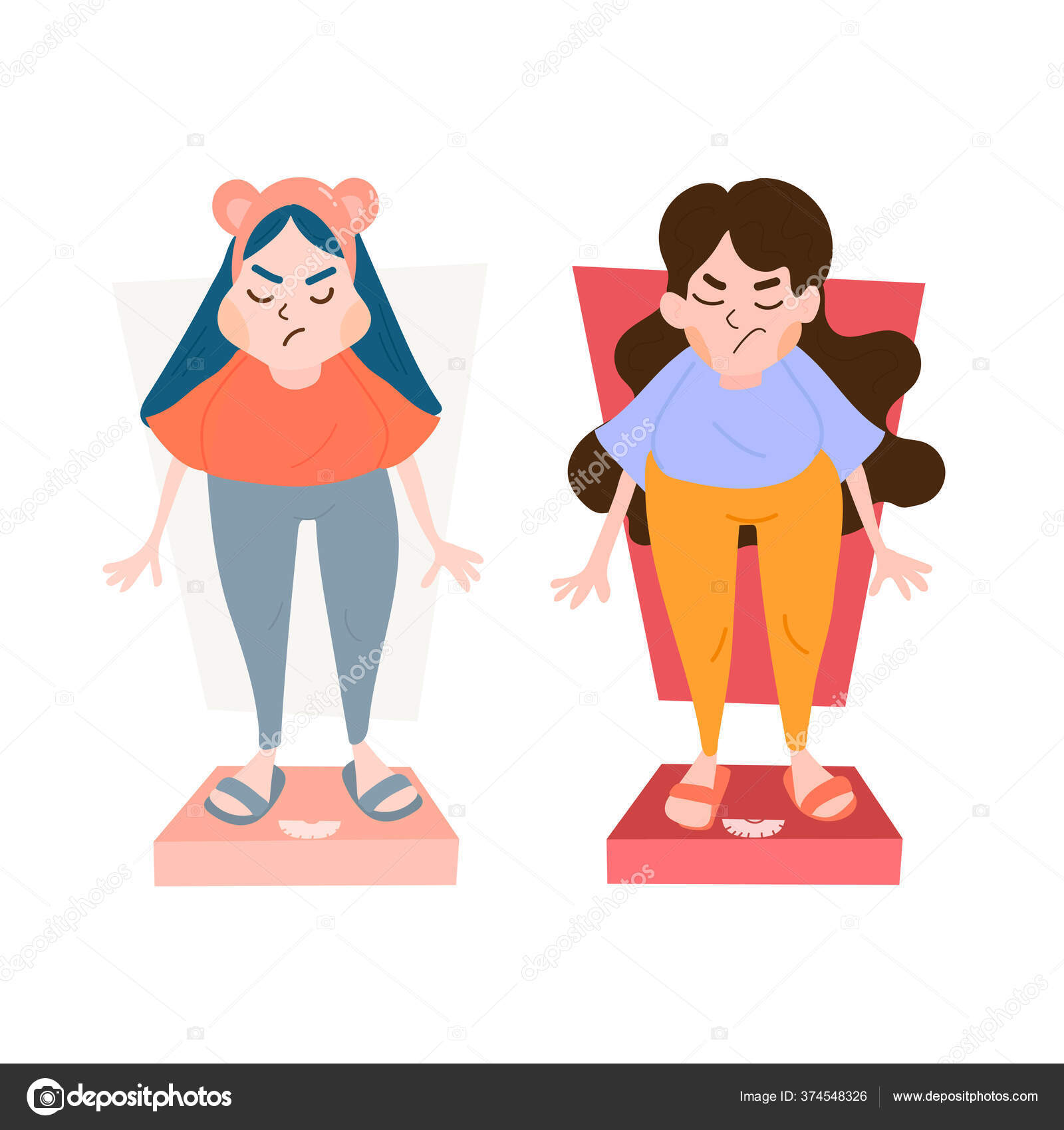 Two Cute Small Cartoon Female Teenagers Standing Scale Looks Happy ...
