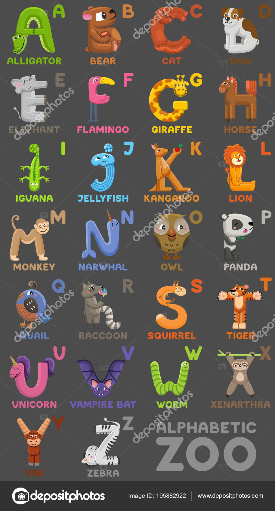 Vettoriale stockAlfabeto dello zoo. Alfabeto animale. Lettere dalla A ...