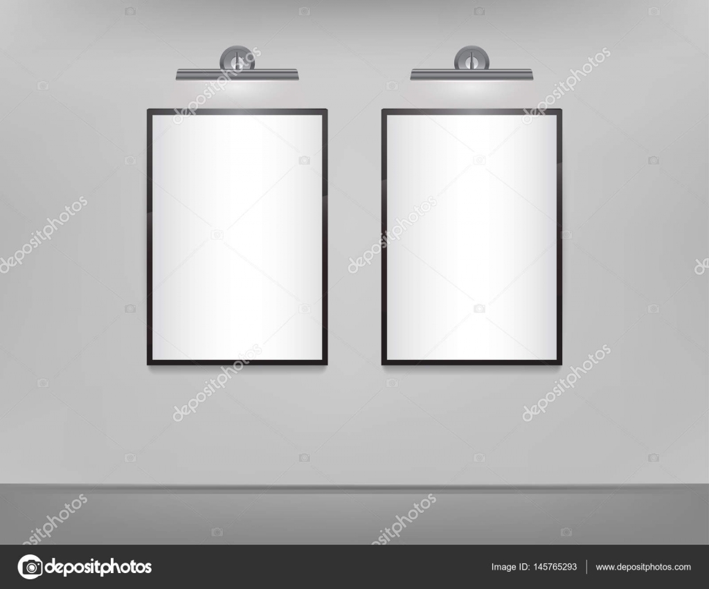 Two vertical white canvas with black frame and backlight on a gray wall ...