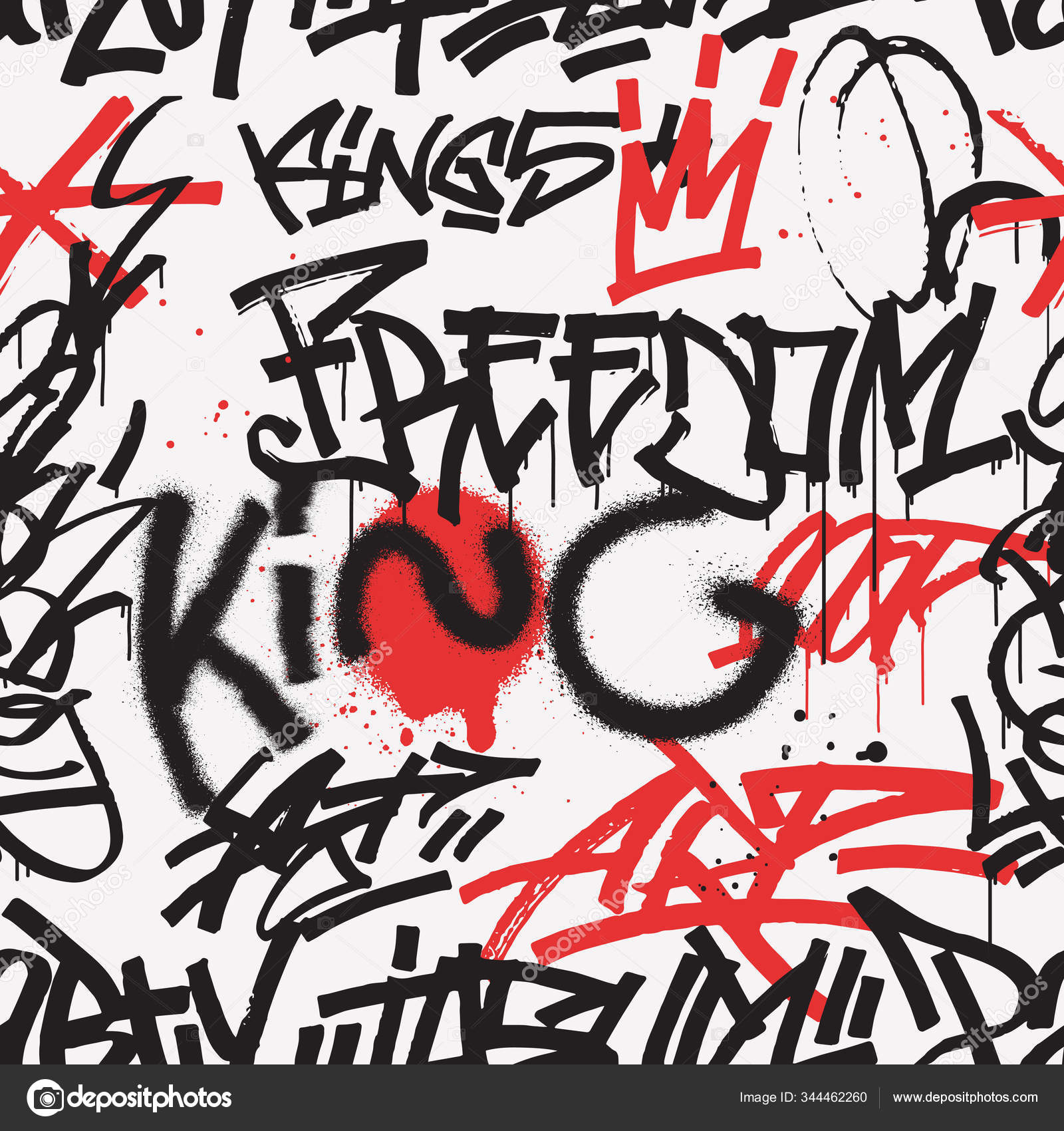 Graffiti seamless pattern in black and red color isolated on white ...