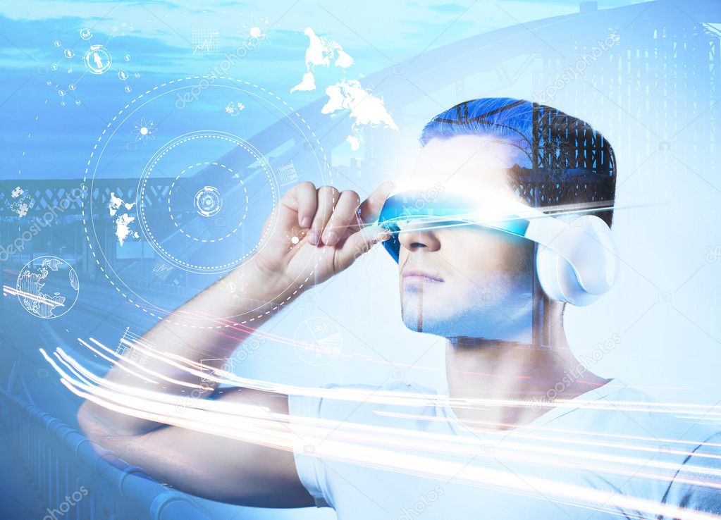 Man Wearing Futuristic Glasses Technologies Future Concept Stock Photo ...