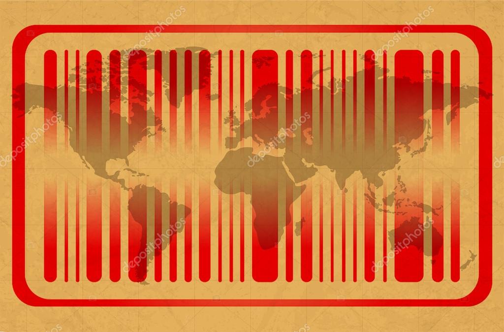 Código de barras rojo y mapa del mundo sobre fondo de color. Concepto ...