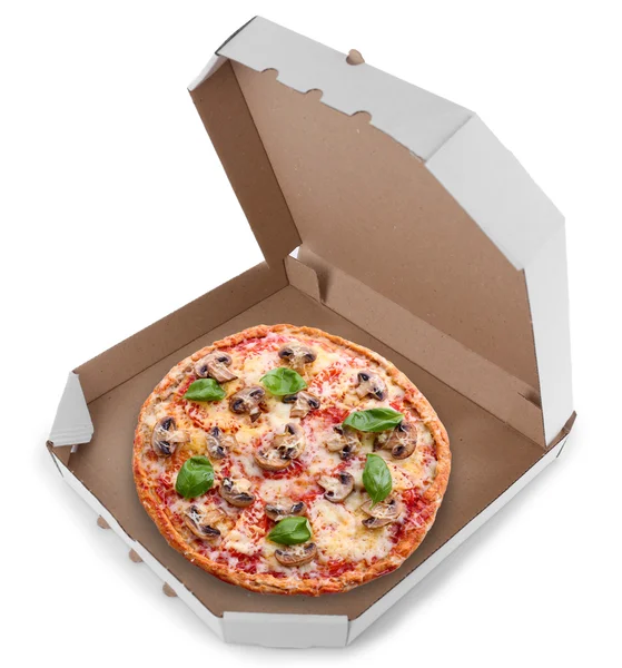Delivery box with delicious pizza on white background. Stock Photo by ...