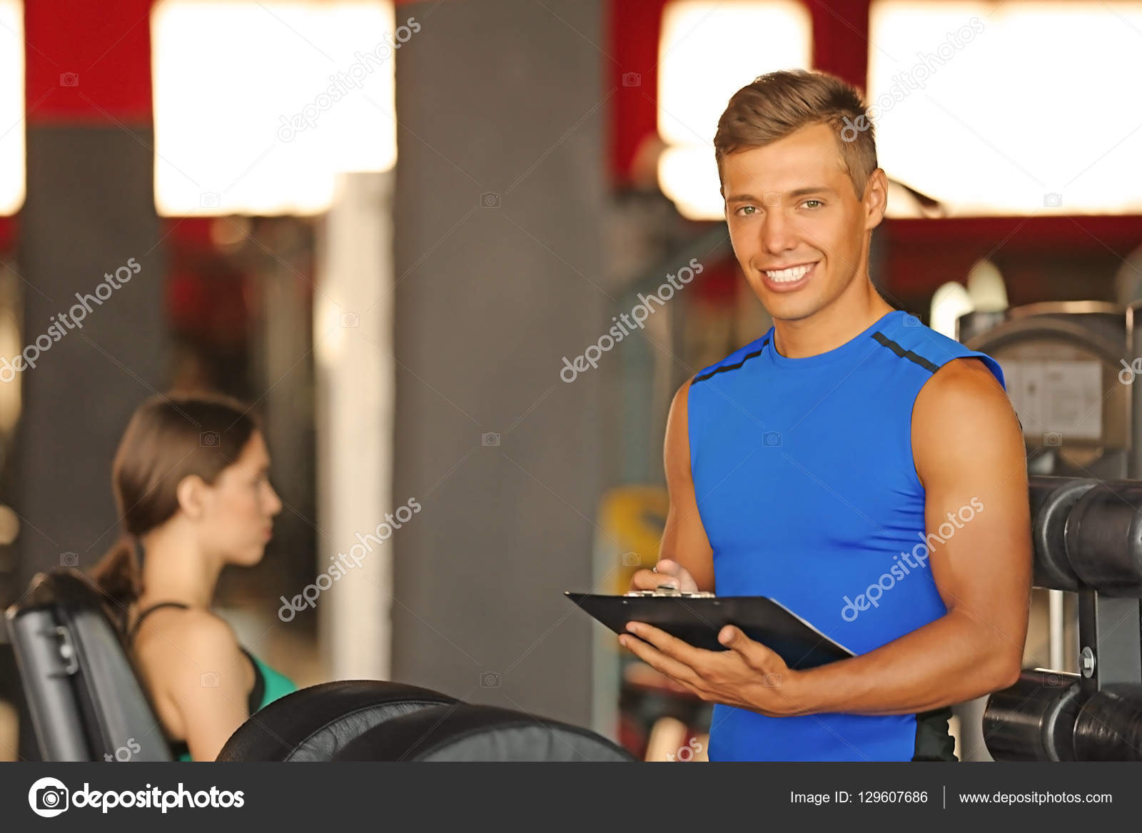 Portrait Personal Trainer Holding Clipboard Training Plan Gym Stock ...