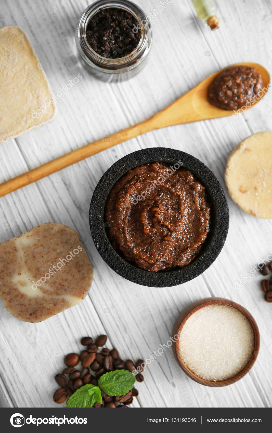 Coffee body scrub and soap Stock Photo by ©belchonock 131193046