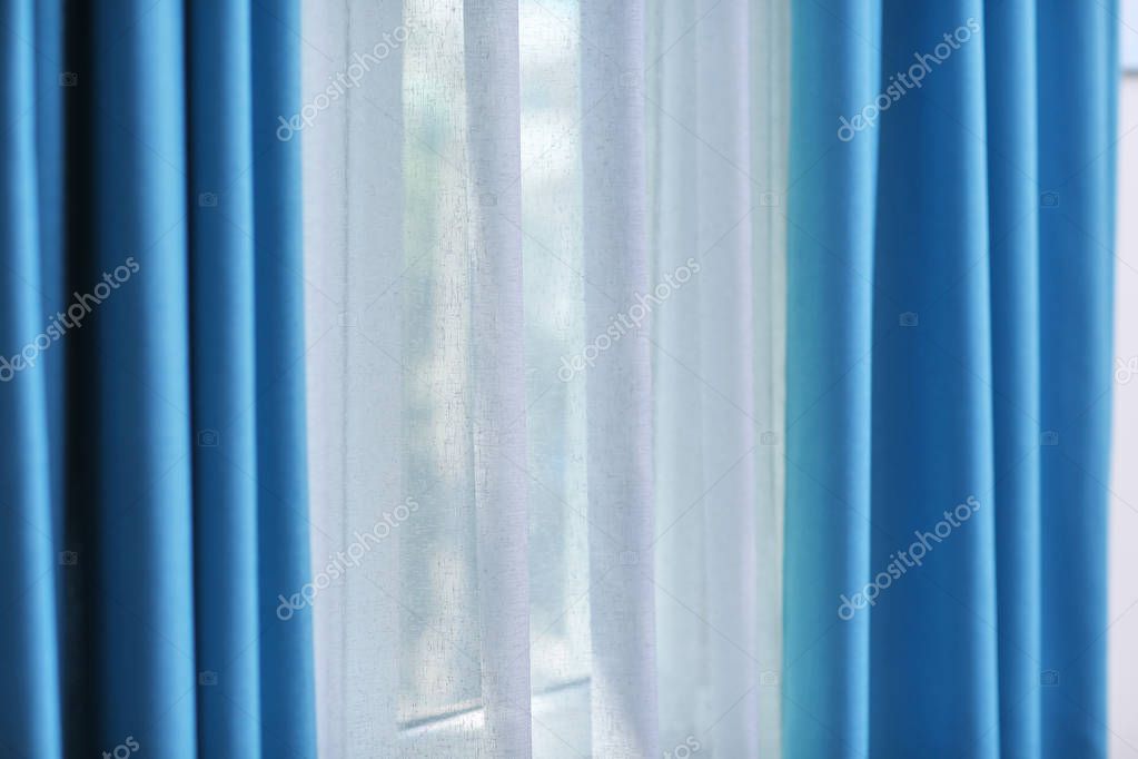 White and blue curtains — Stock Photo © belchonock #132462890