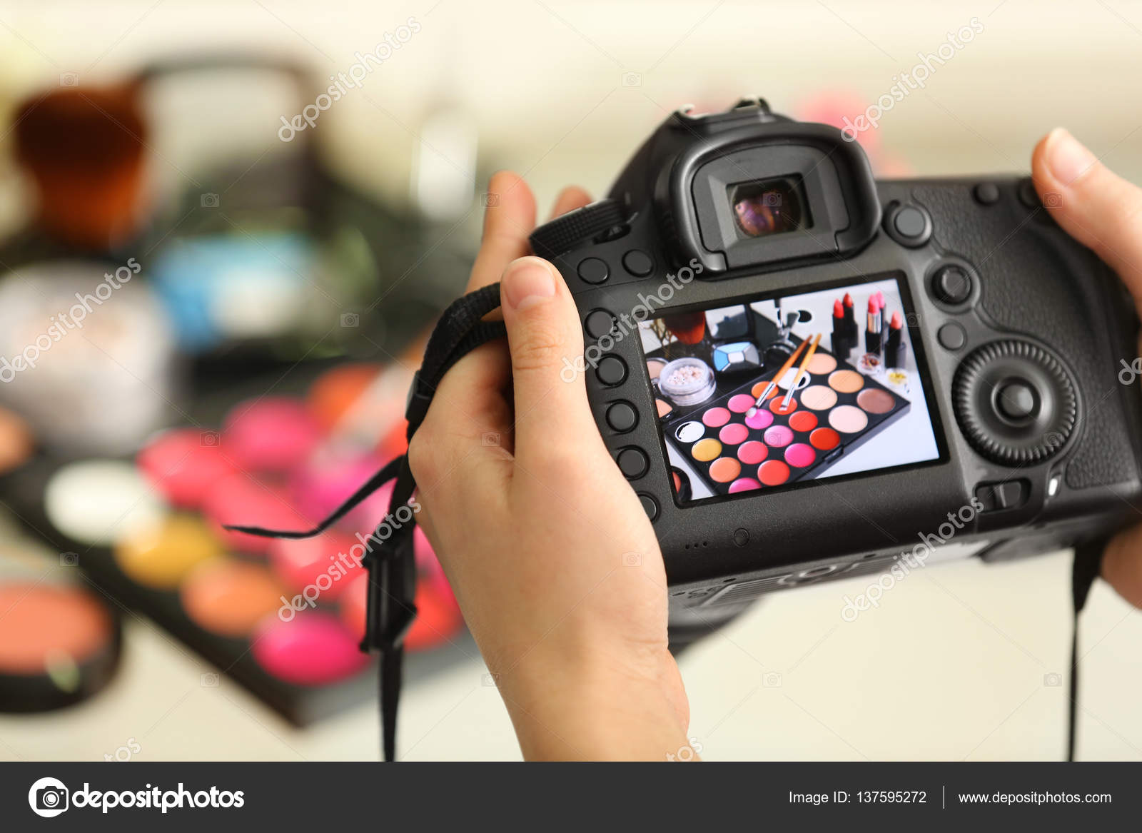 Makeup kit on camera display — Stock Photo © belchonock #137595272