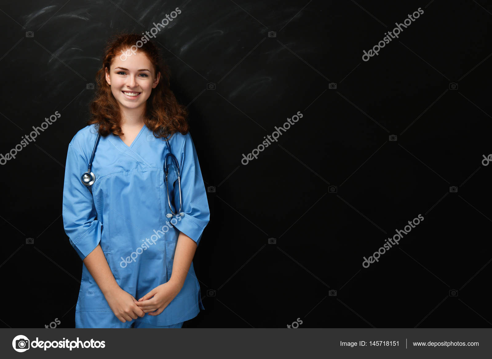 Young Beautiful Medical Student Blackboard Background Stock Photo by ...