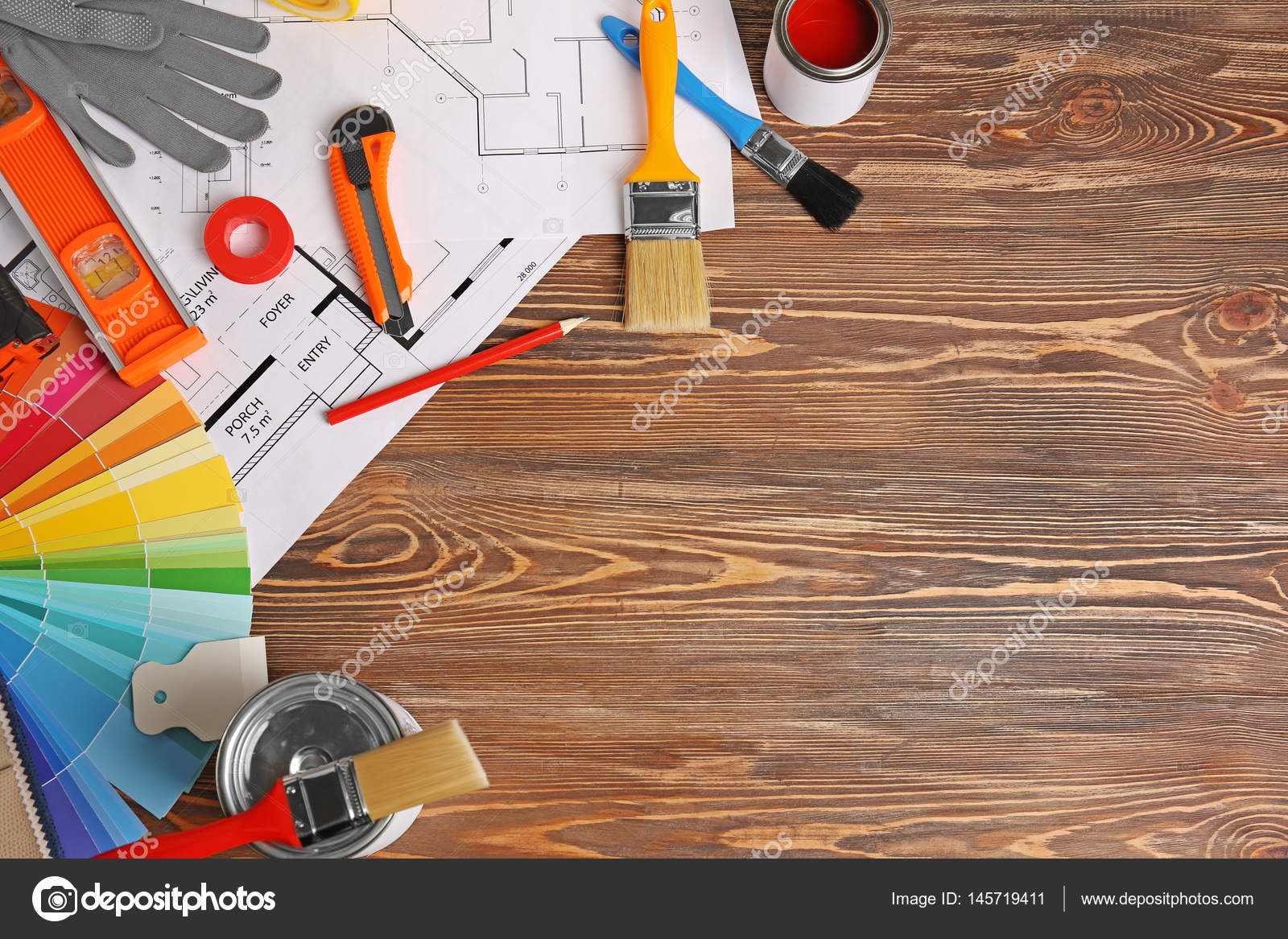 House Project Color Swatches Tools Wooden Table Stock Photo by ...