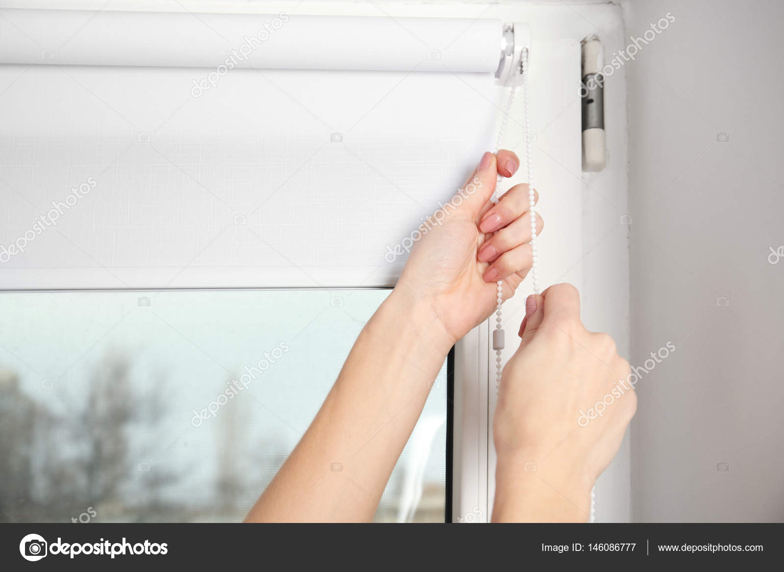 Hands installing window blinds — Stock Photo © belchonock #146086777