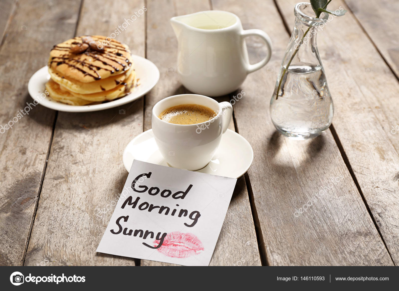 breakfast and GOOD MORNING greeting note — Stock Photo © belchonock ...