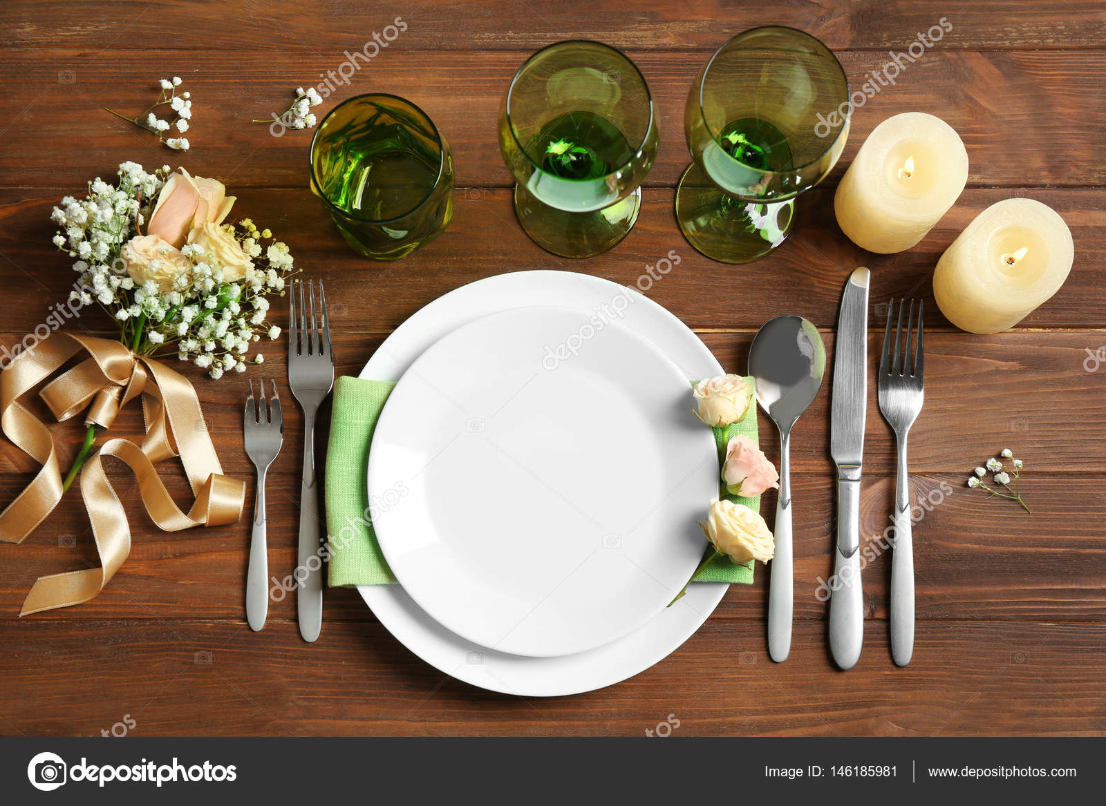 Beautiful festive table setting — Stock Photo © belchonock #146185981 Beautiful festive table setting — Stock Photo © belchonock #146185981