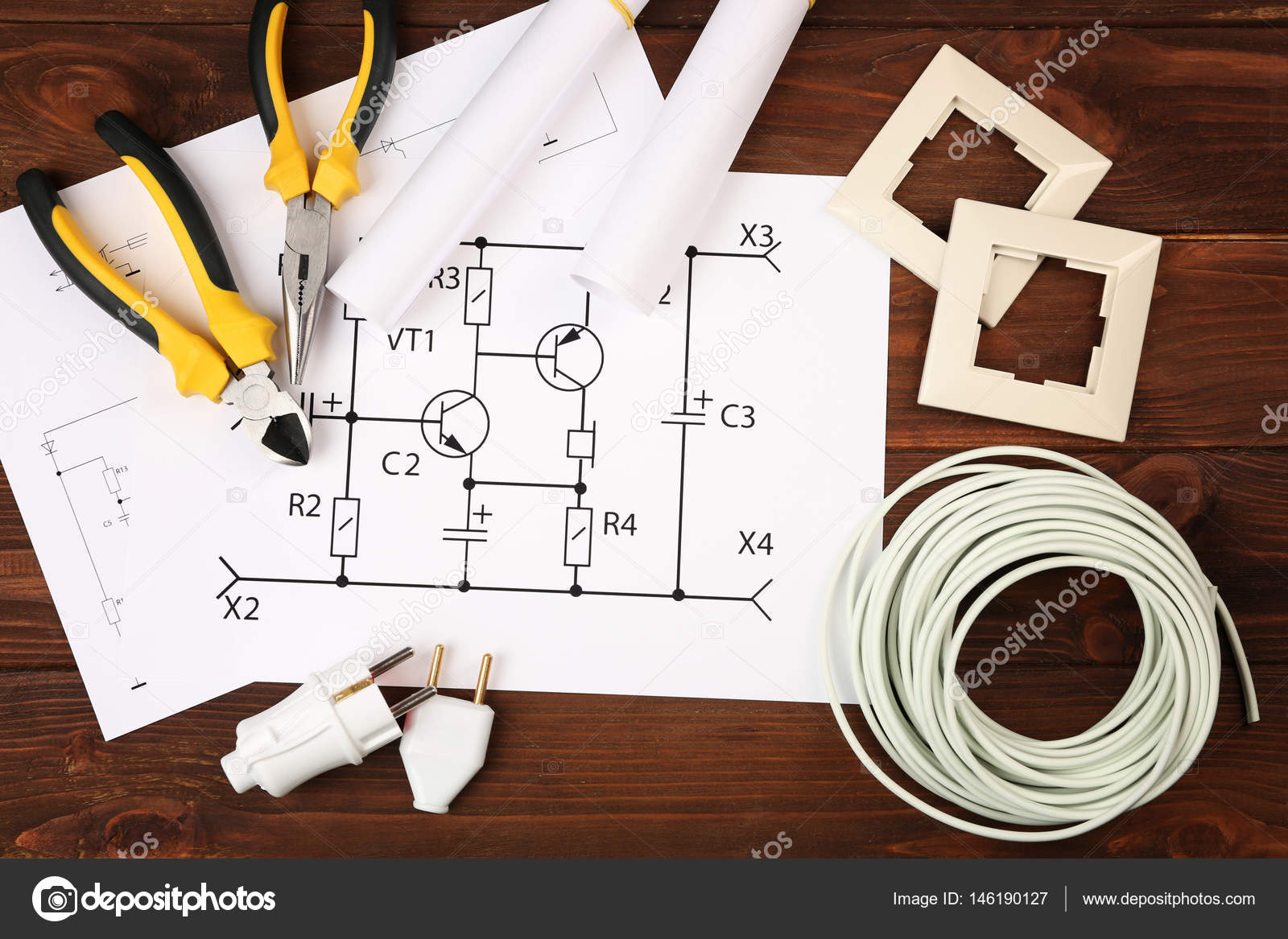 Electrician tools and schemes Stock Photo by ©belchonock 146190127