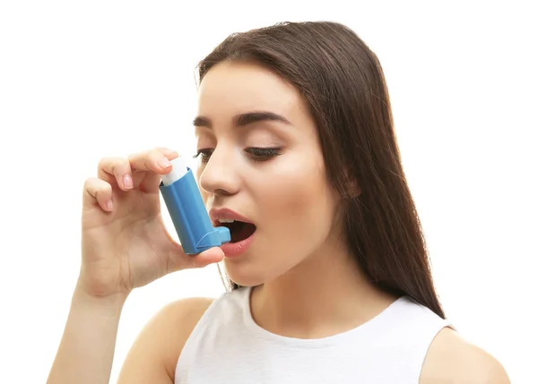 Close View Young Woman Using Inhaler While Suffering Asthma — Stock ...