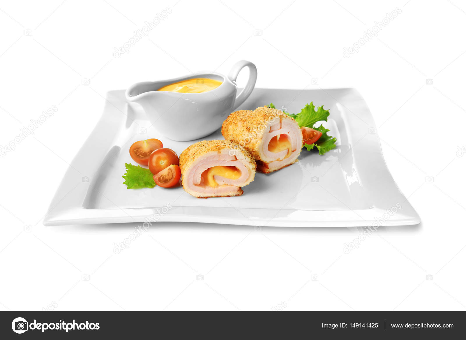 Plate with chicken sliced roll Stock Photo by ©belchonock 149141425