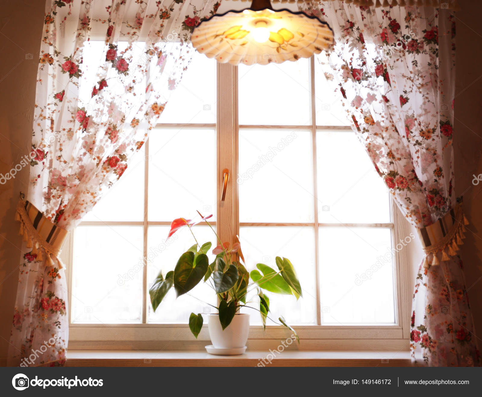 Large wooden window with curtains Stock Photo by ©belchonock 149146172