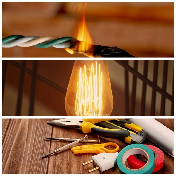 Collage for electric installation work concept - Stock Image - Everypixel