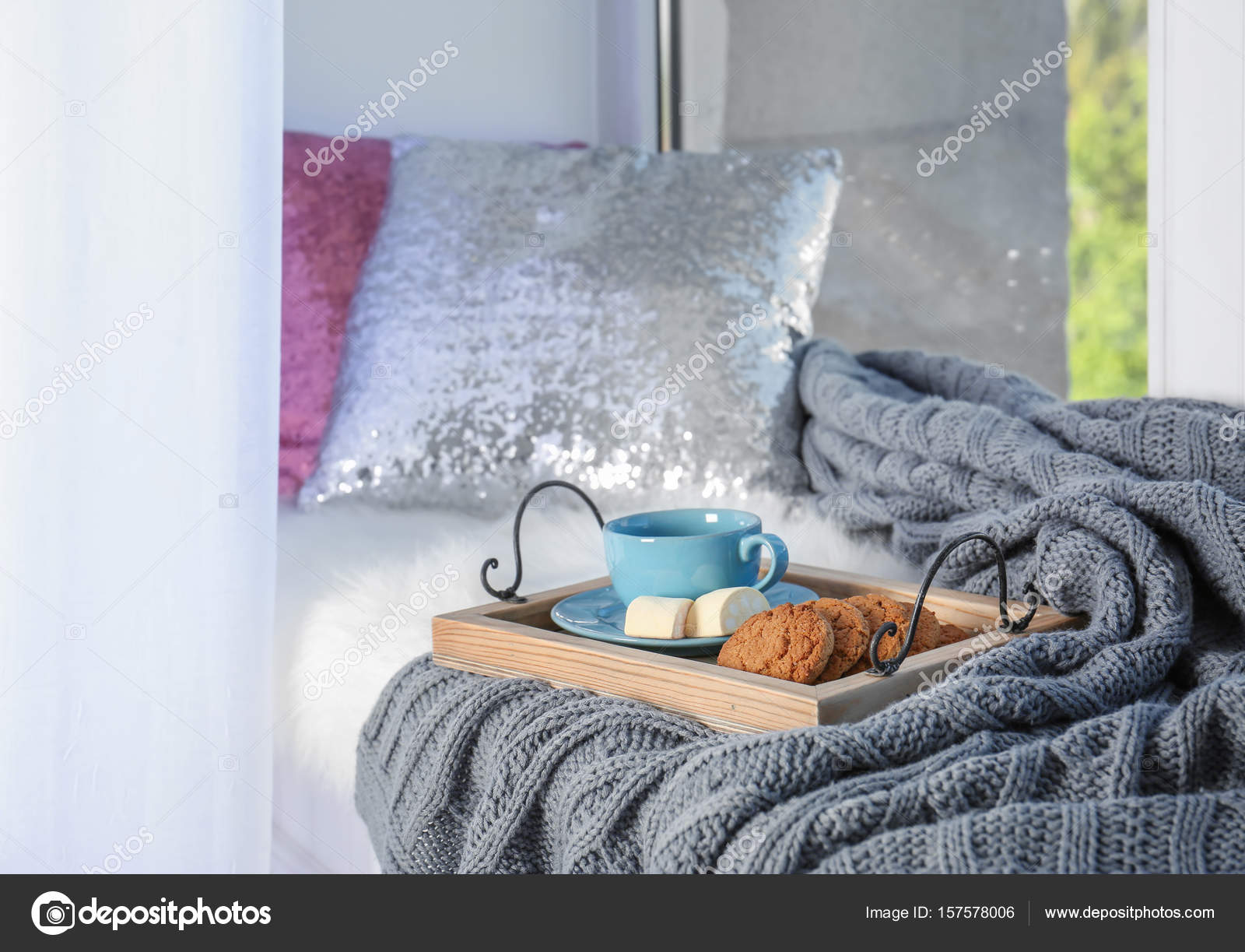 Tea time on window sill — Stock Photo © belchonock #157578006