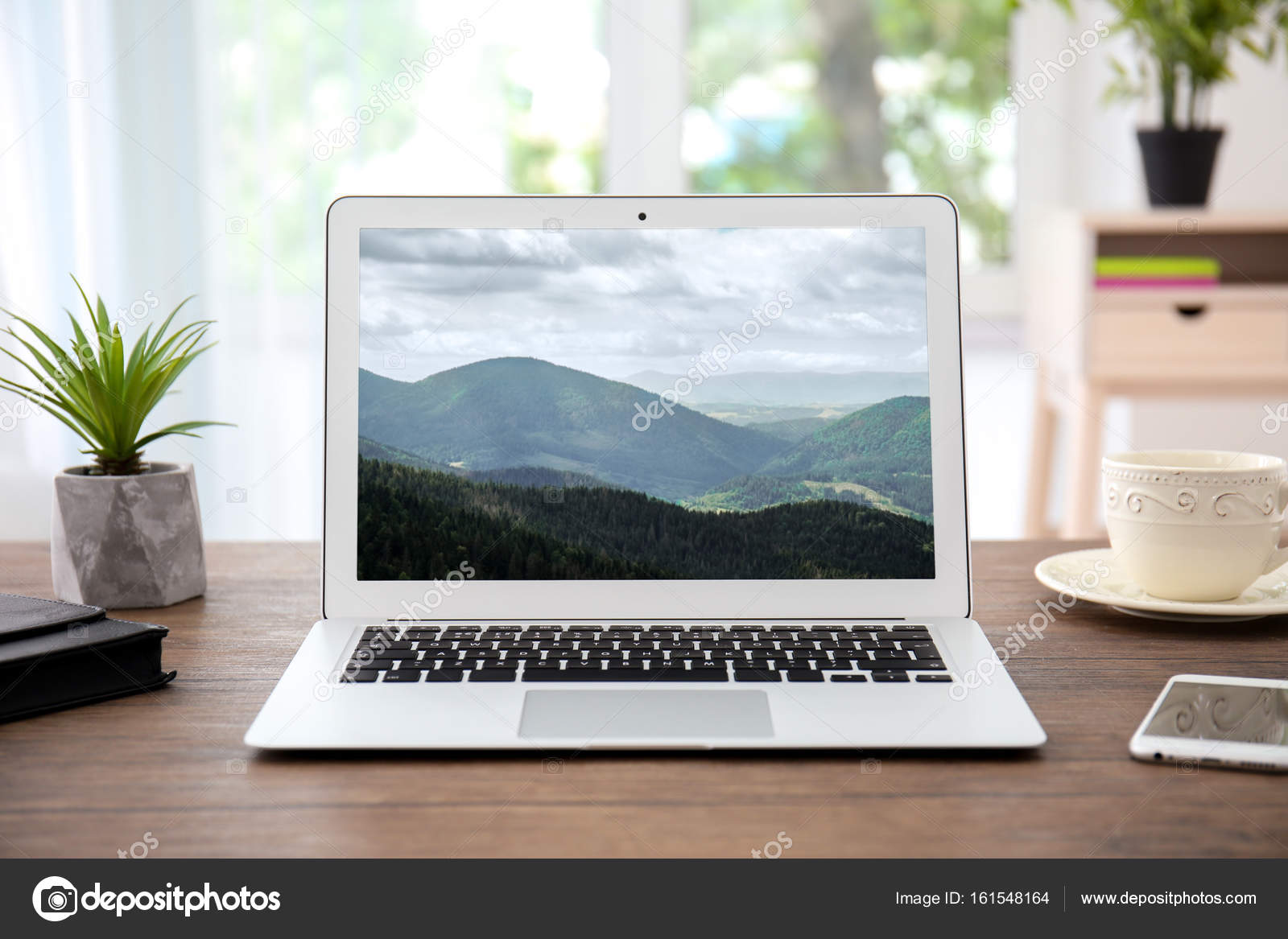 Workplace wallpaper | Workplace with laptop and wallpaper on screen ...
