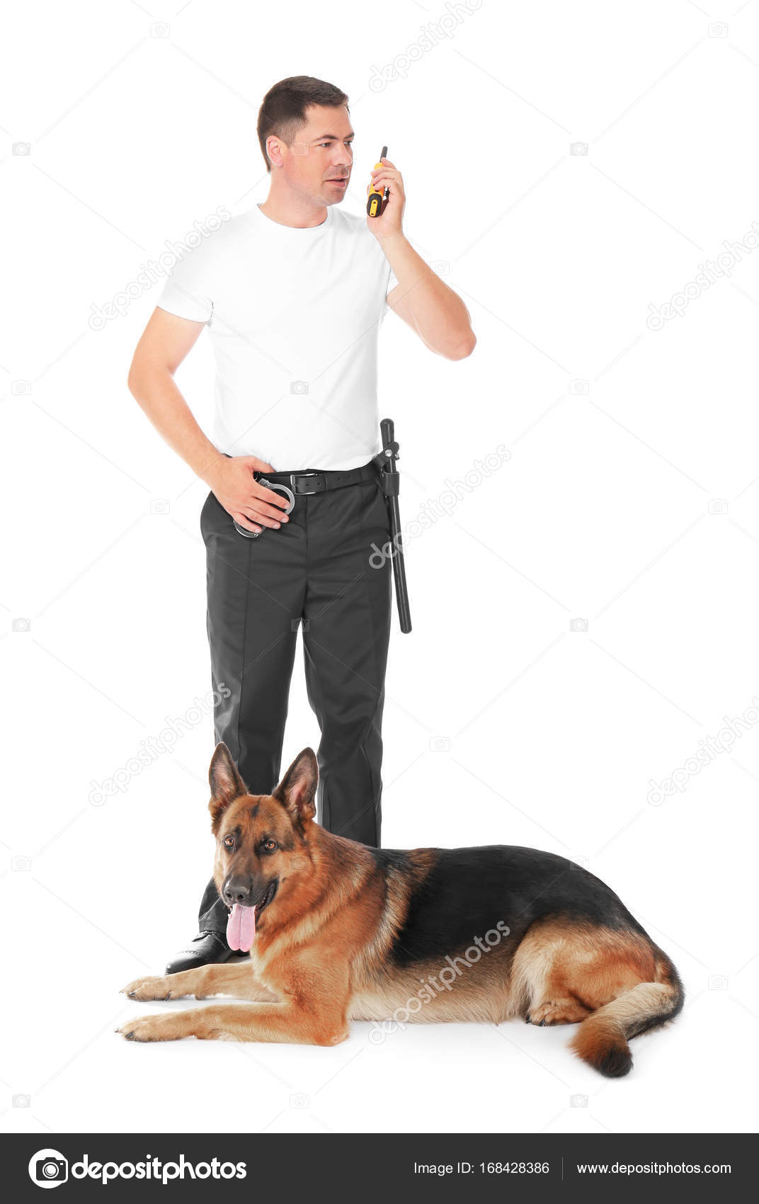 Security guard with dog on white background Stock Photo by ©belchonock ...
