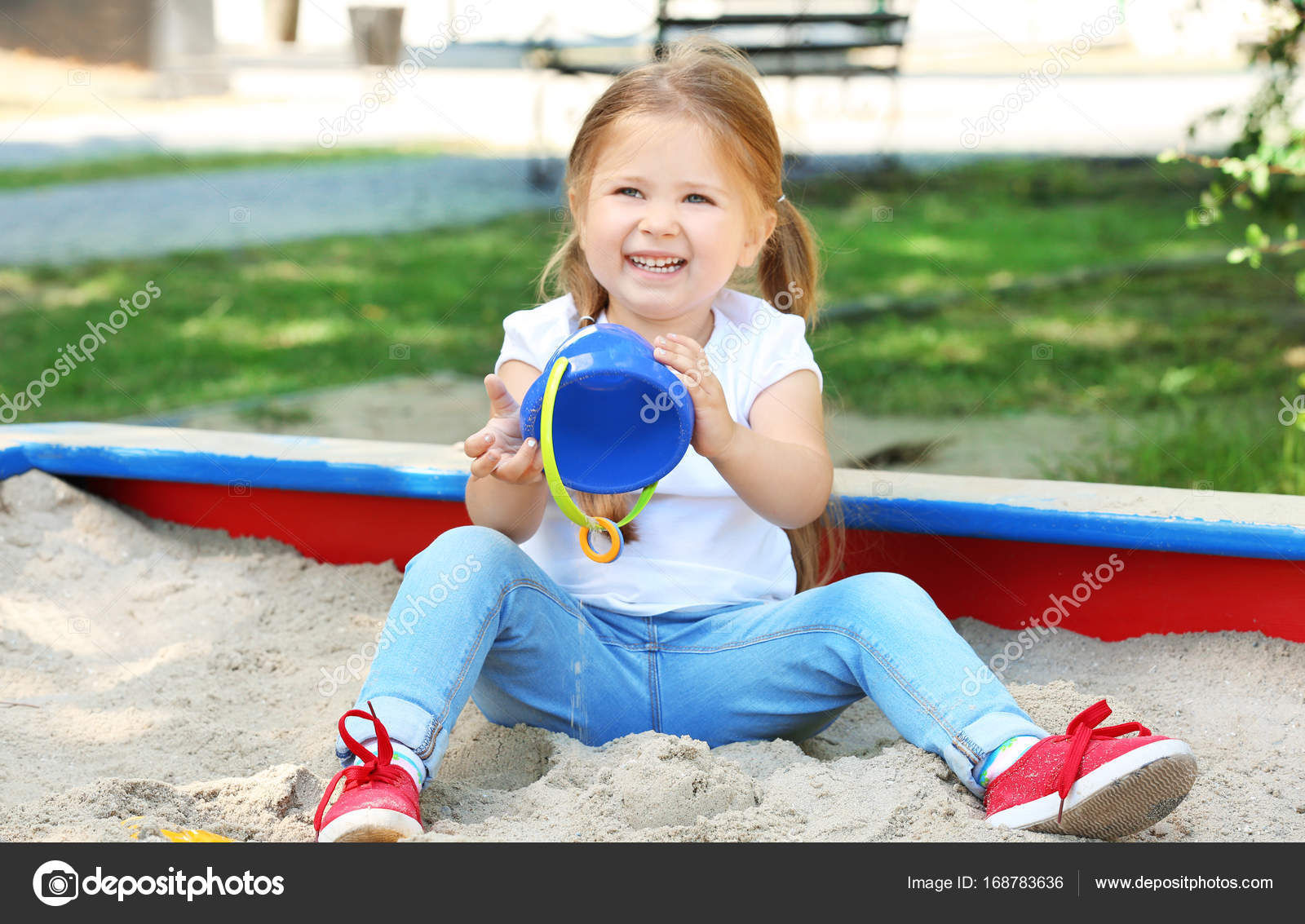 Cute Little Girl Playing Sandbox Outdoors Stock Photo by ©belchonock ...