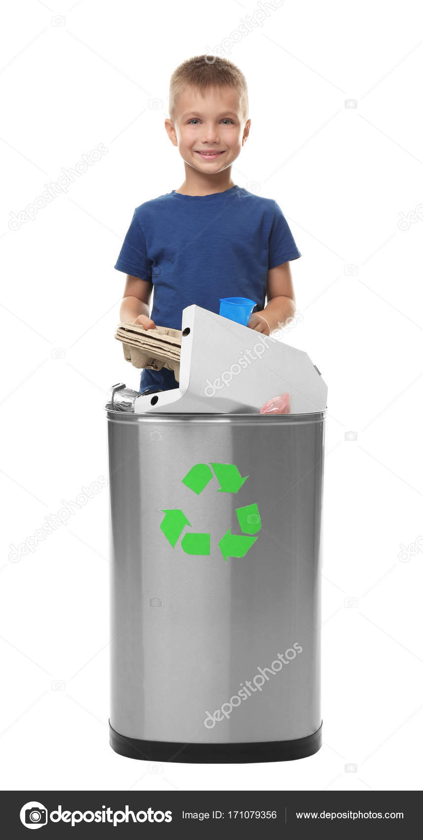 Little boy throwing garbage into litter bin on white background ...