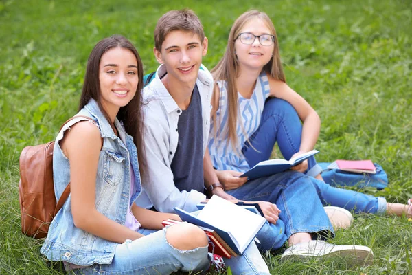 Students reading books outdoors - Stock Image - Everypixel