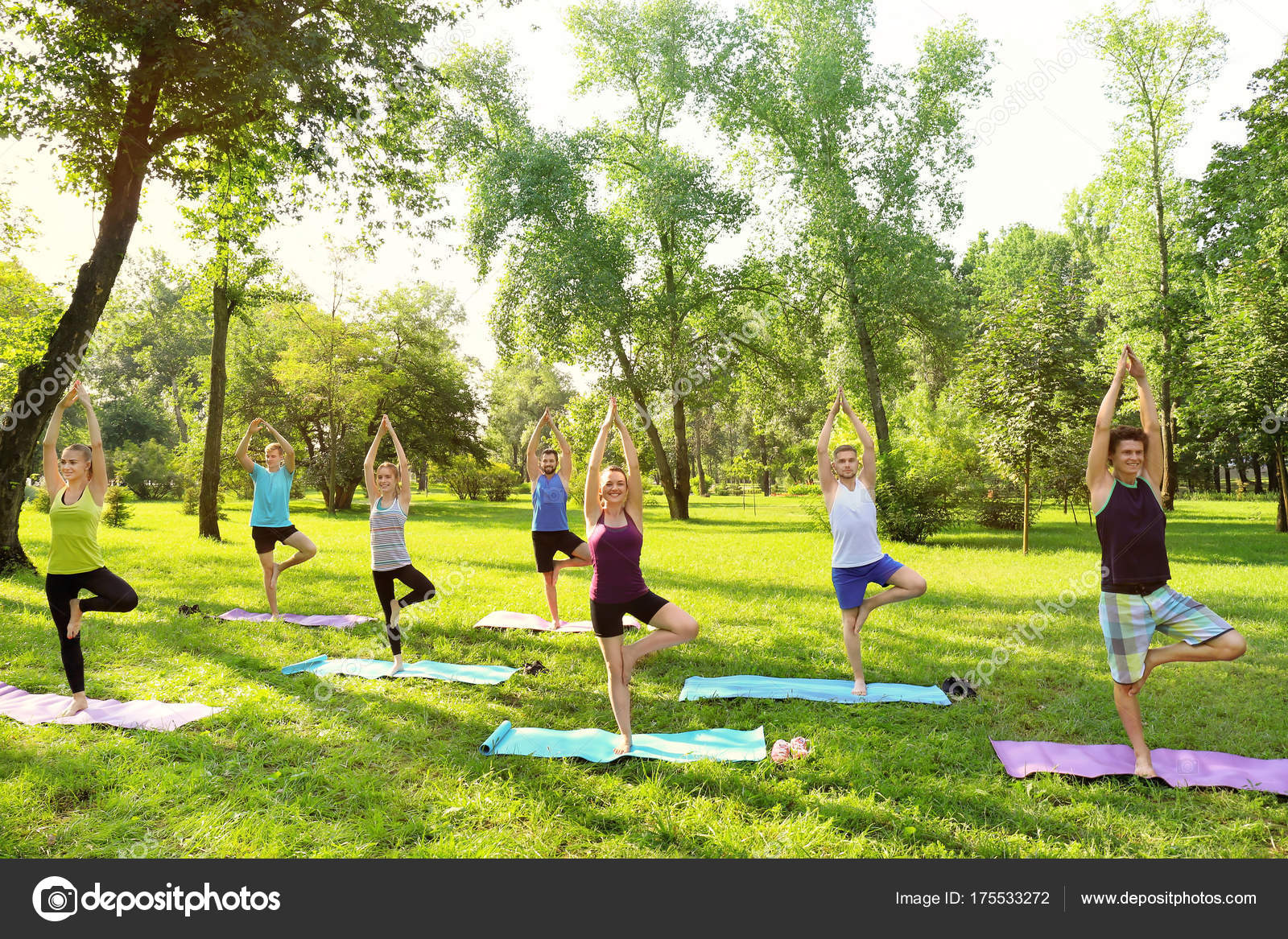 Group of young people practicing yoga in park — Stock Photo © belchonock #175533272