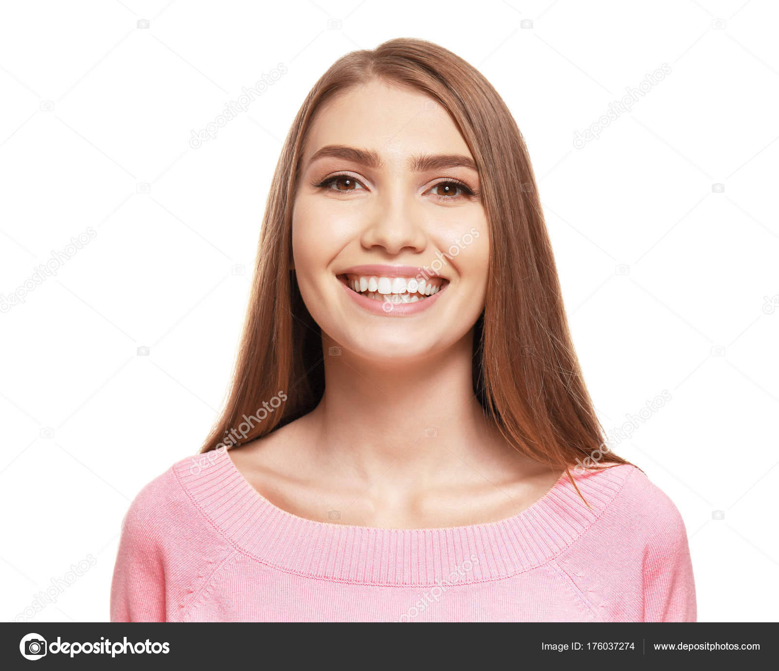 Portrait of young beautiful smiling woman on white background — Stock ...