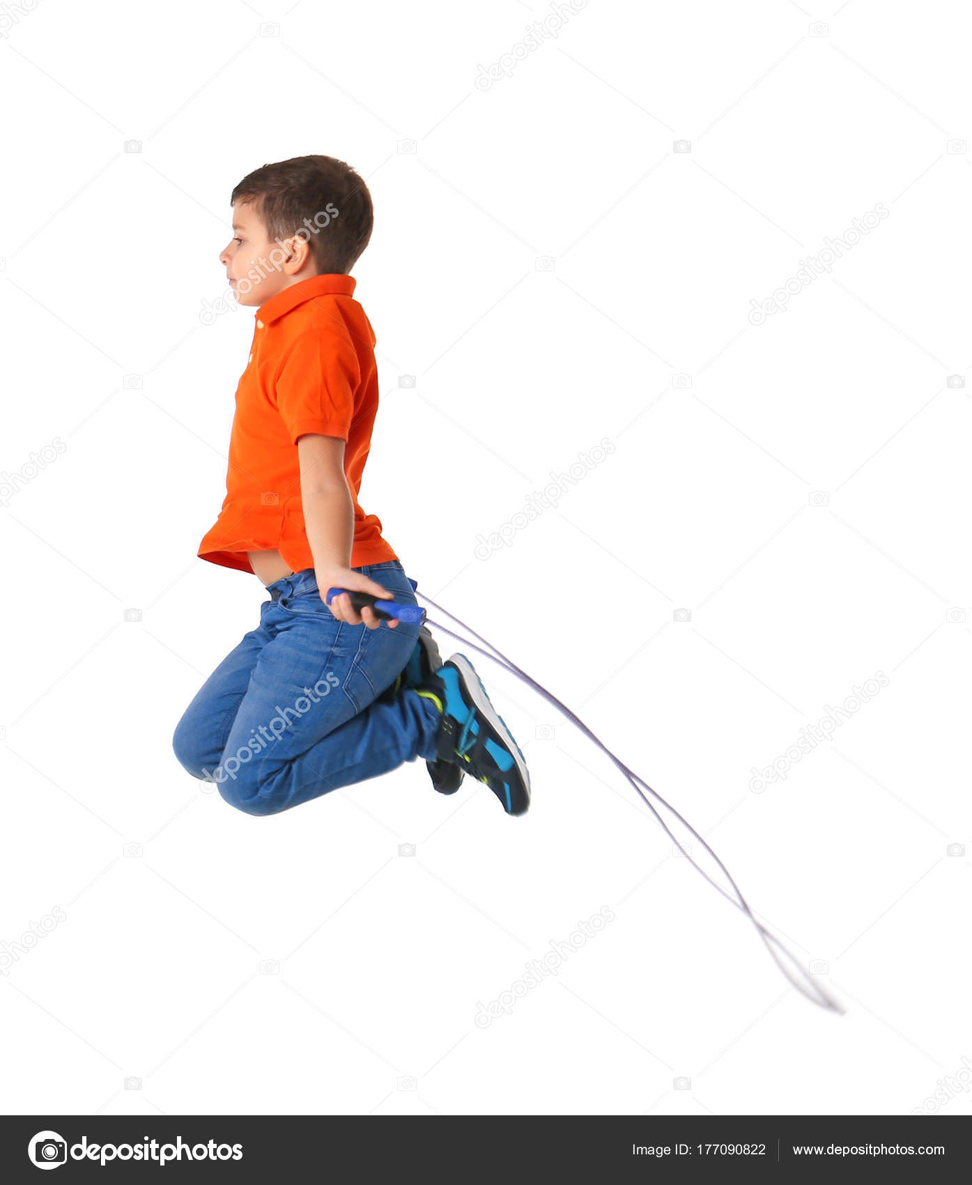 Cute little boy playing with jumping rope on white background — Stock ...