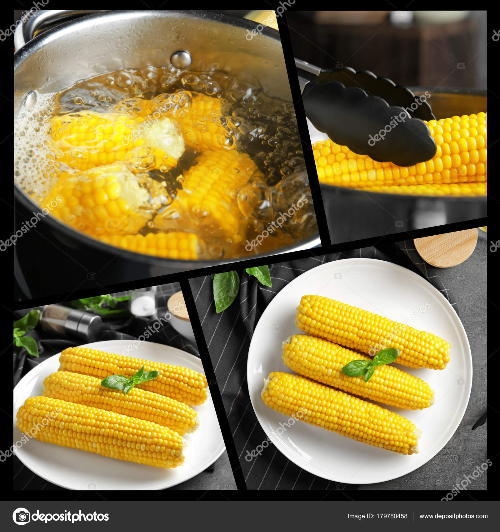 Collage with preparation process of corn cobs Stock Photo by ...