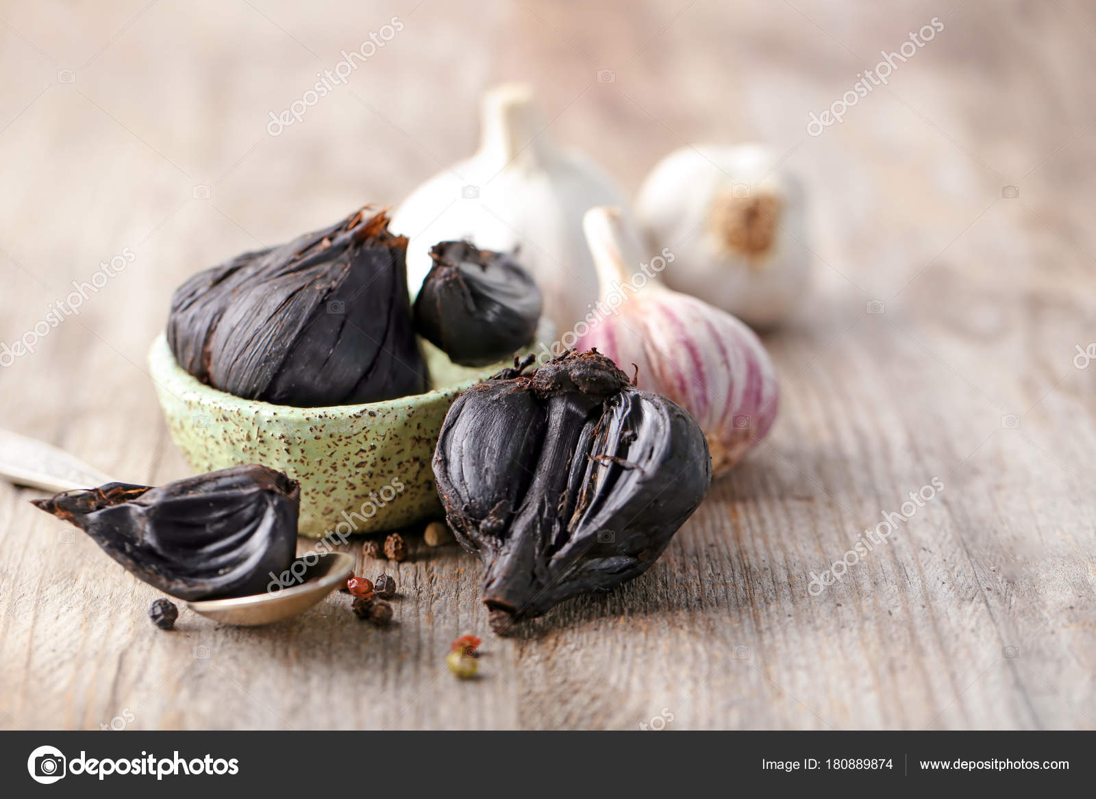 Black Allium Sativum White Garlic Bulbs Wooden Table Stock Photo by ...