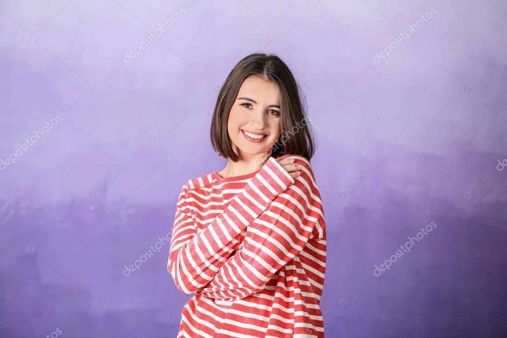 Young Smiling Woman Color Background — Stock Photo © belchonock #180887214