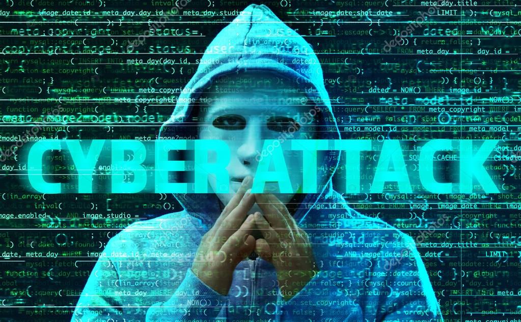 Texto CYBER ATAQUE y hacker en la máscara y el código en el fondo ...