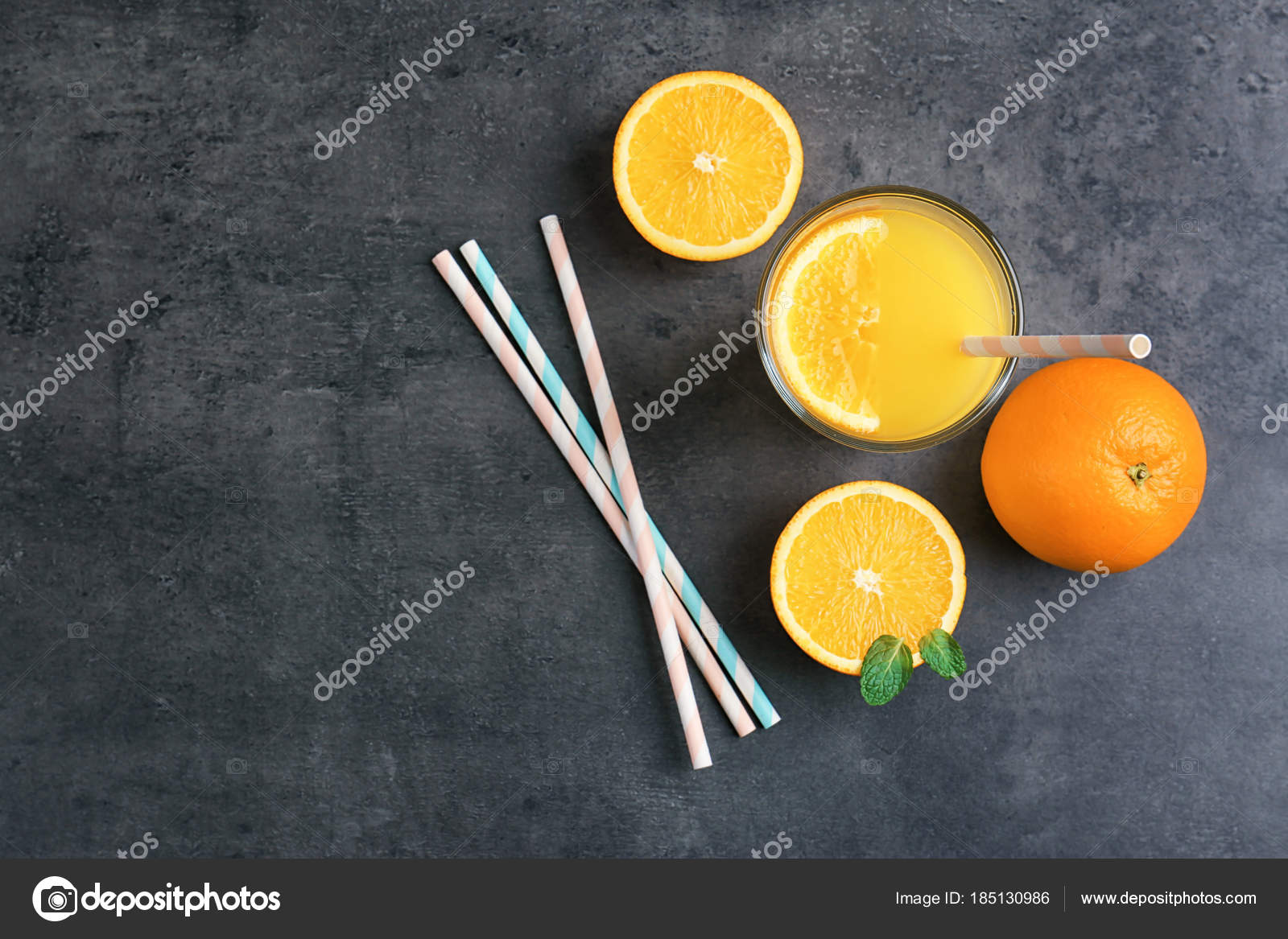 Beautiful Composition Fresh Orange Juice Table Top View — Stock Photo ...