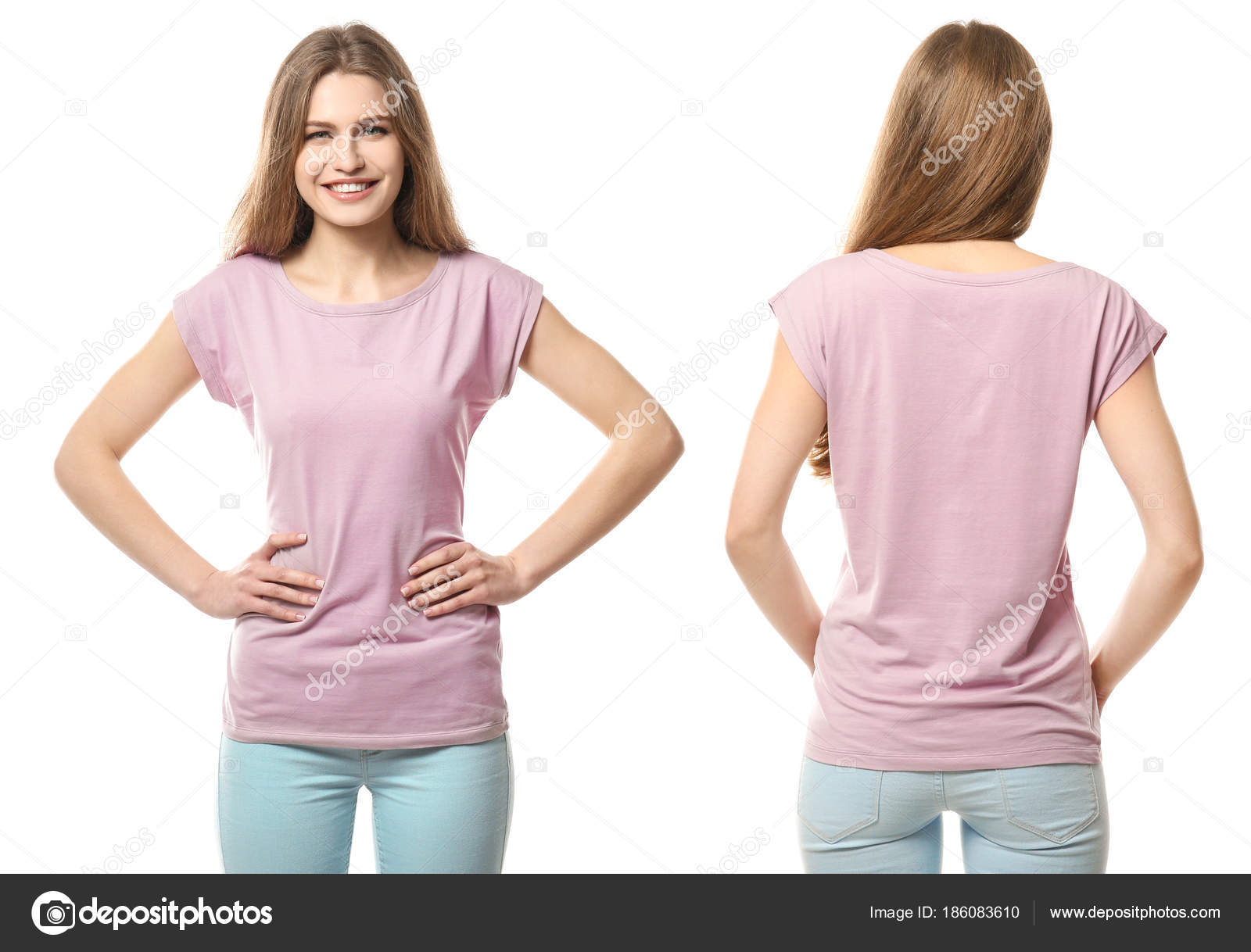Front and back views of young woman in stylish t-shirt on white ...
