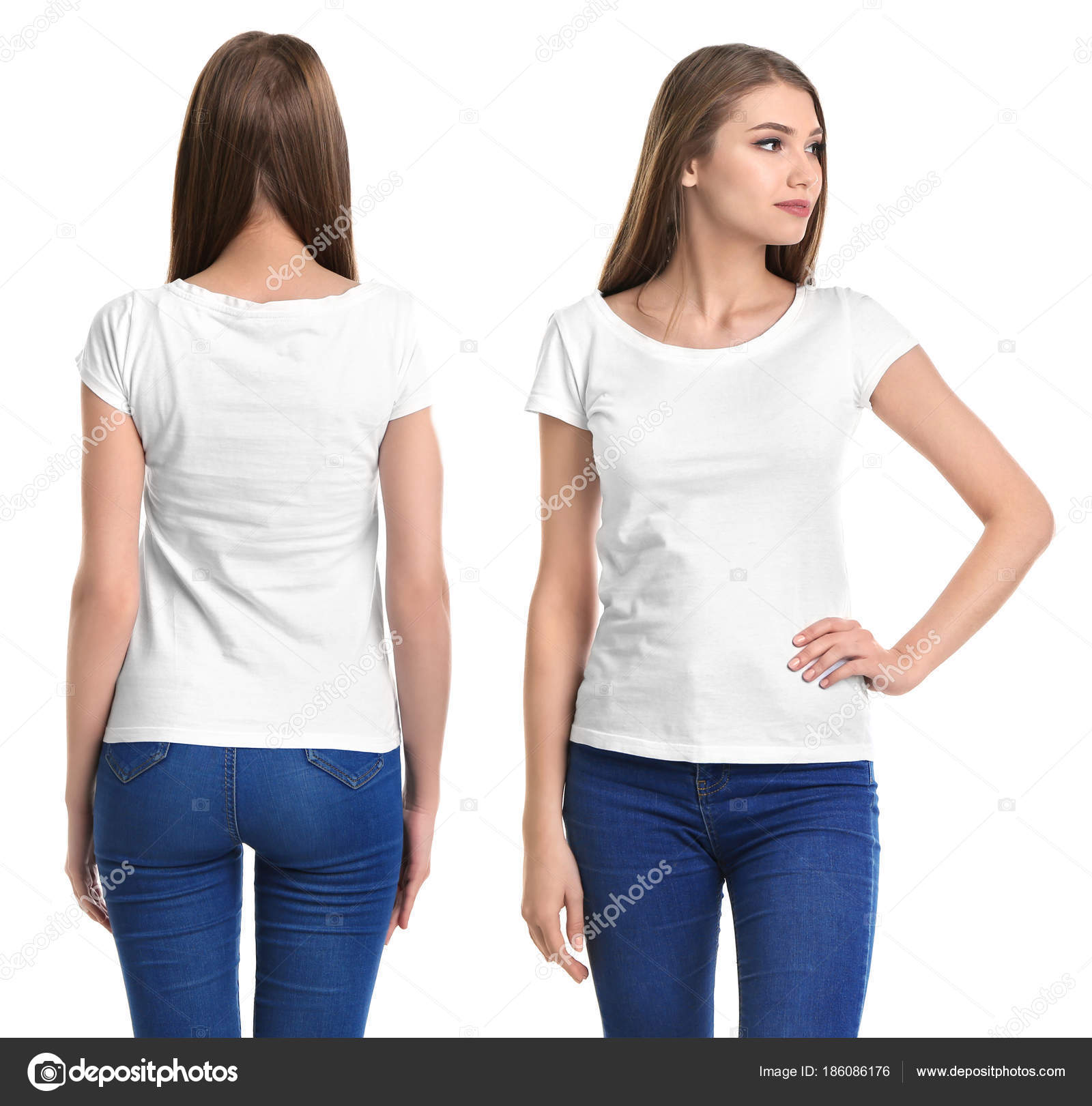 Front and back views of young woman in stylish t-shirt on white ...