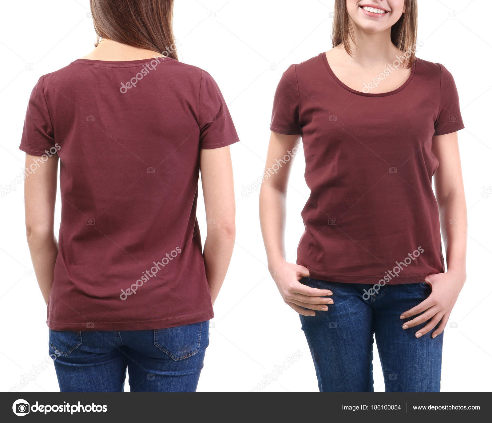 Front and back views of young woman in stylish t-shirt on white ...