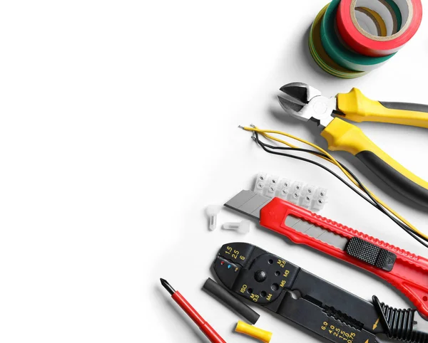 Top view of work tools for residential electrical installation on white ...