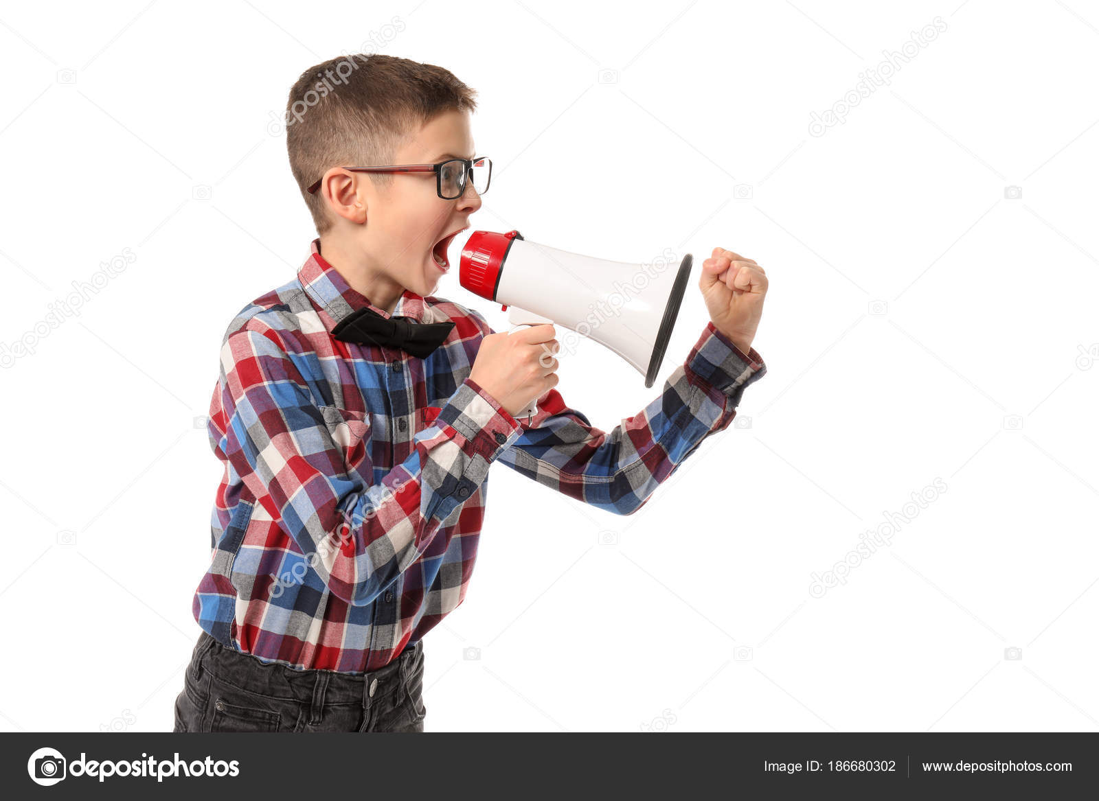 Emotional Little Boy Shouting Megaphone White Background — Stock Photo ...