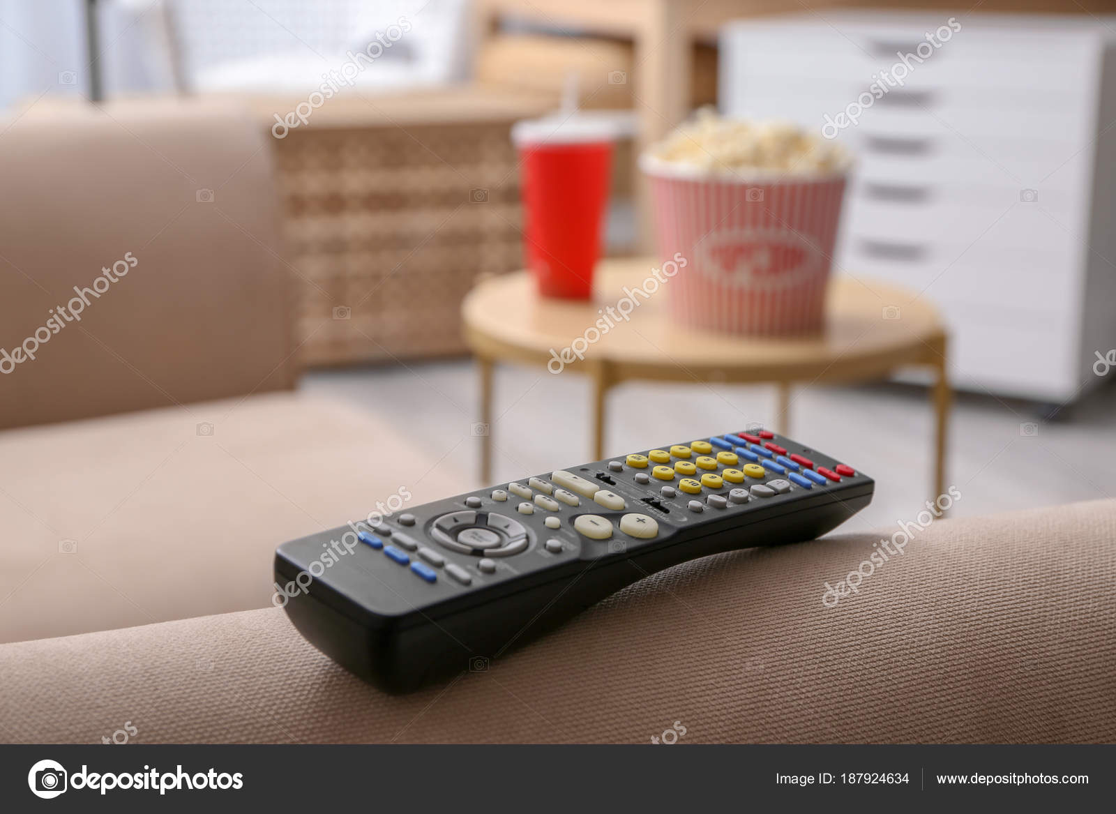 TV remote control on couch indoors, closeup. Home cinema Stock Photo by ...