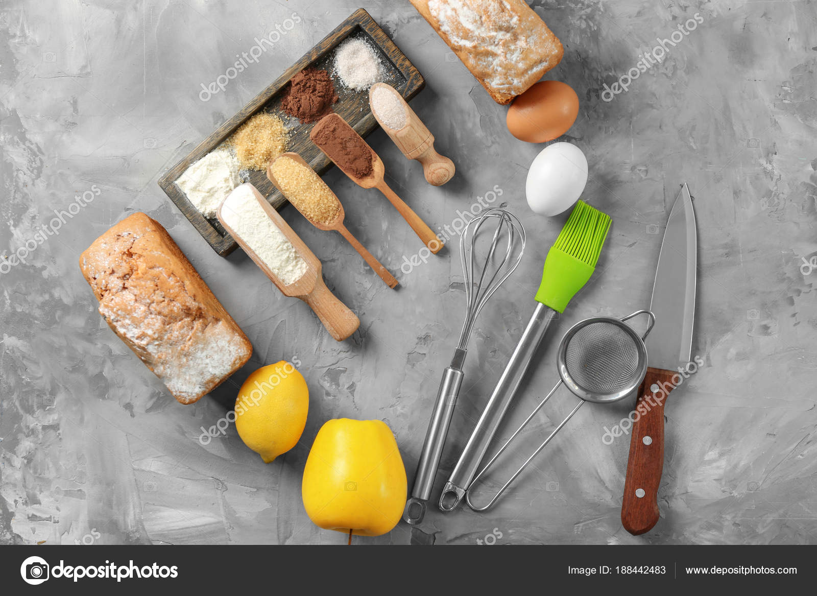 Set of kitchen utensils with products on grey background. Cooking ...