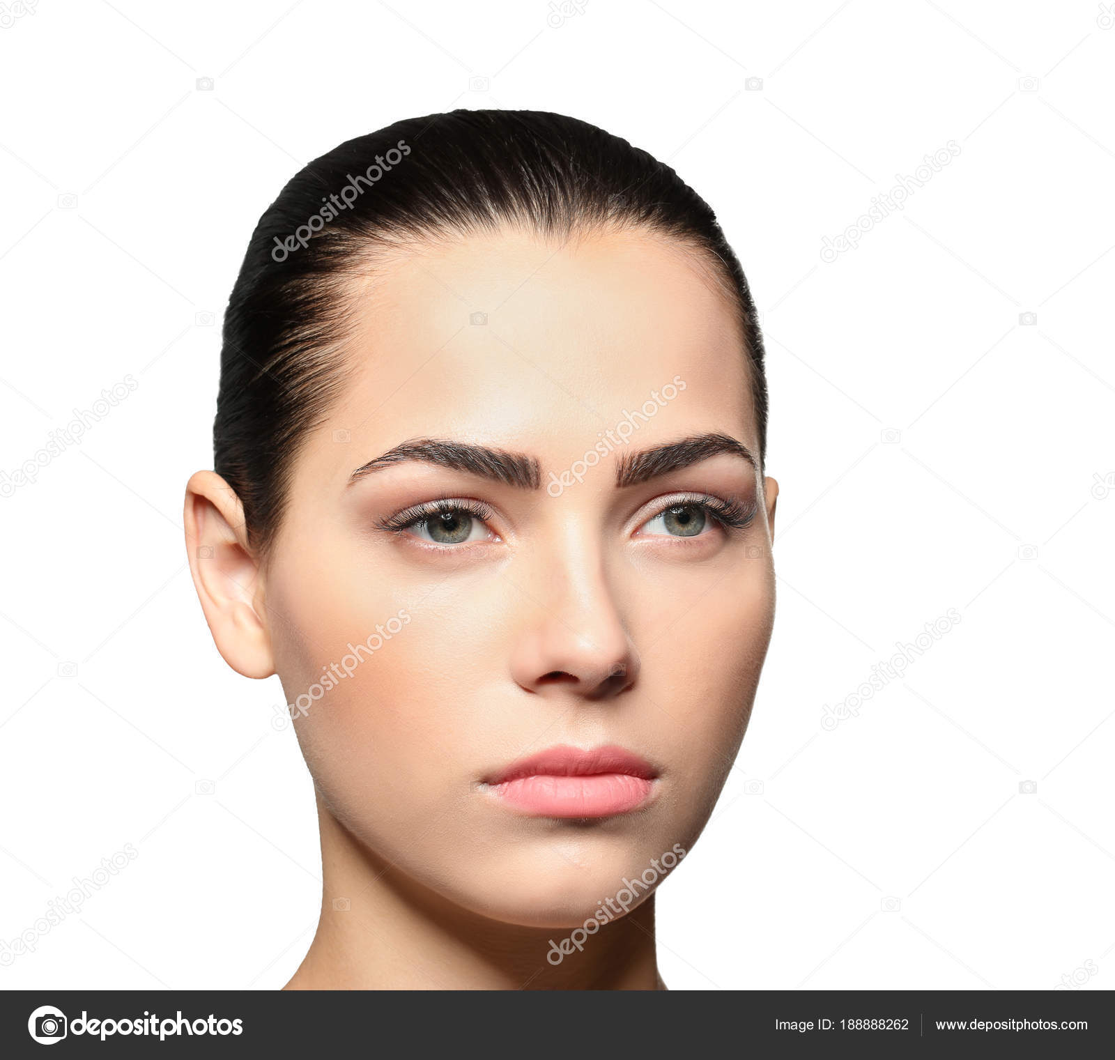 Young woman with beautiful eyebrows on light background — Stock Photo ...