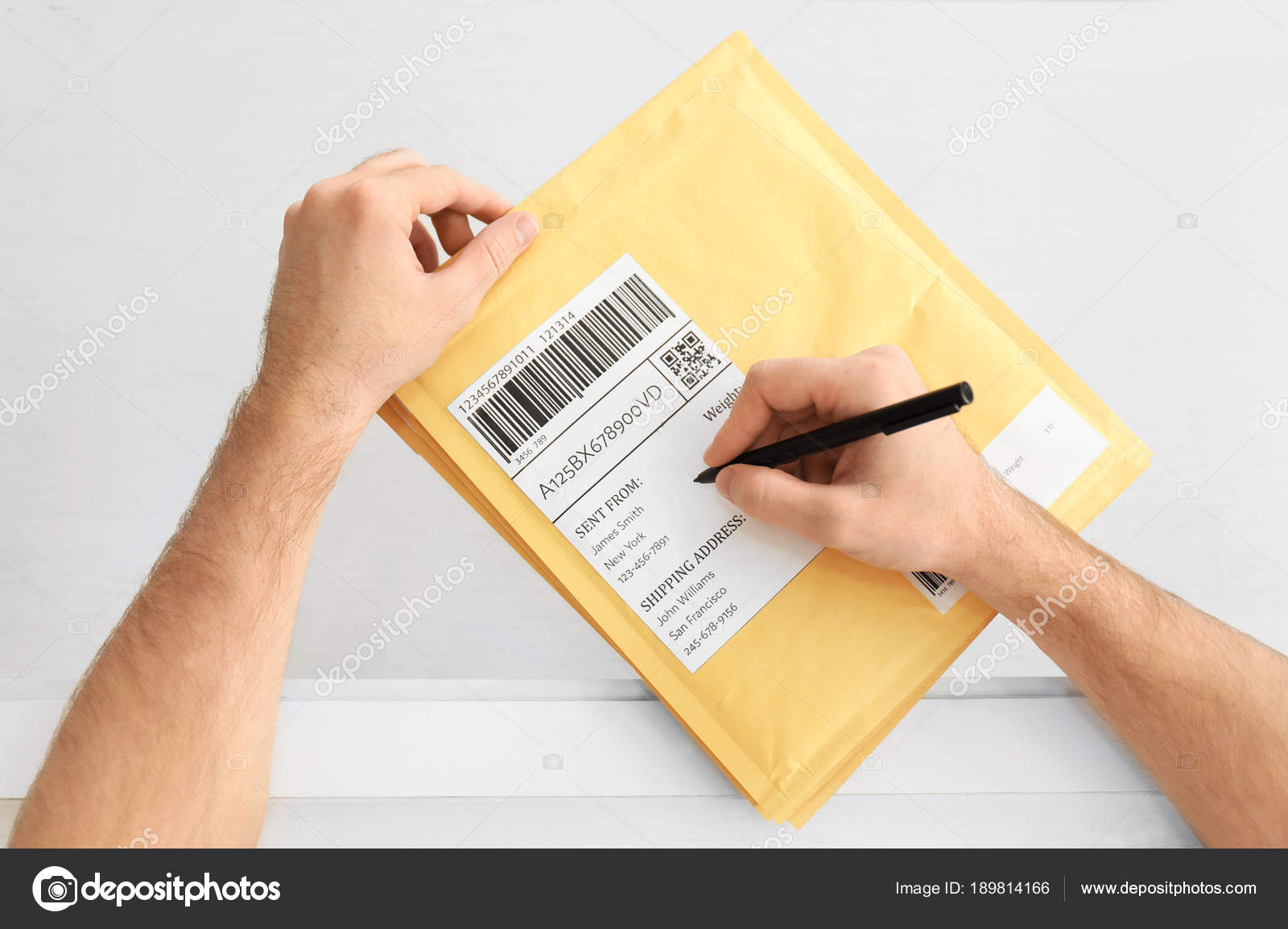 Close Young Man Preparing Parcel Envelopes Shipment Client Home — Stock ...