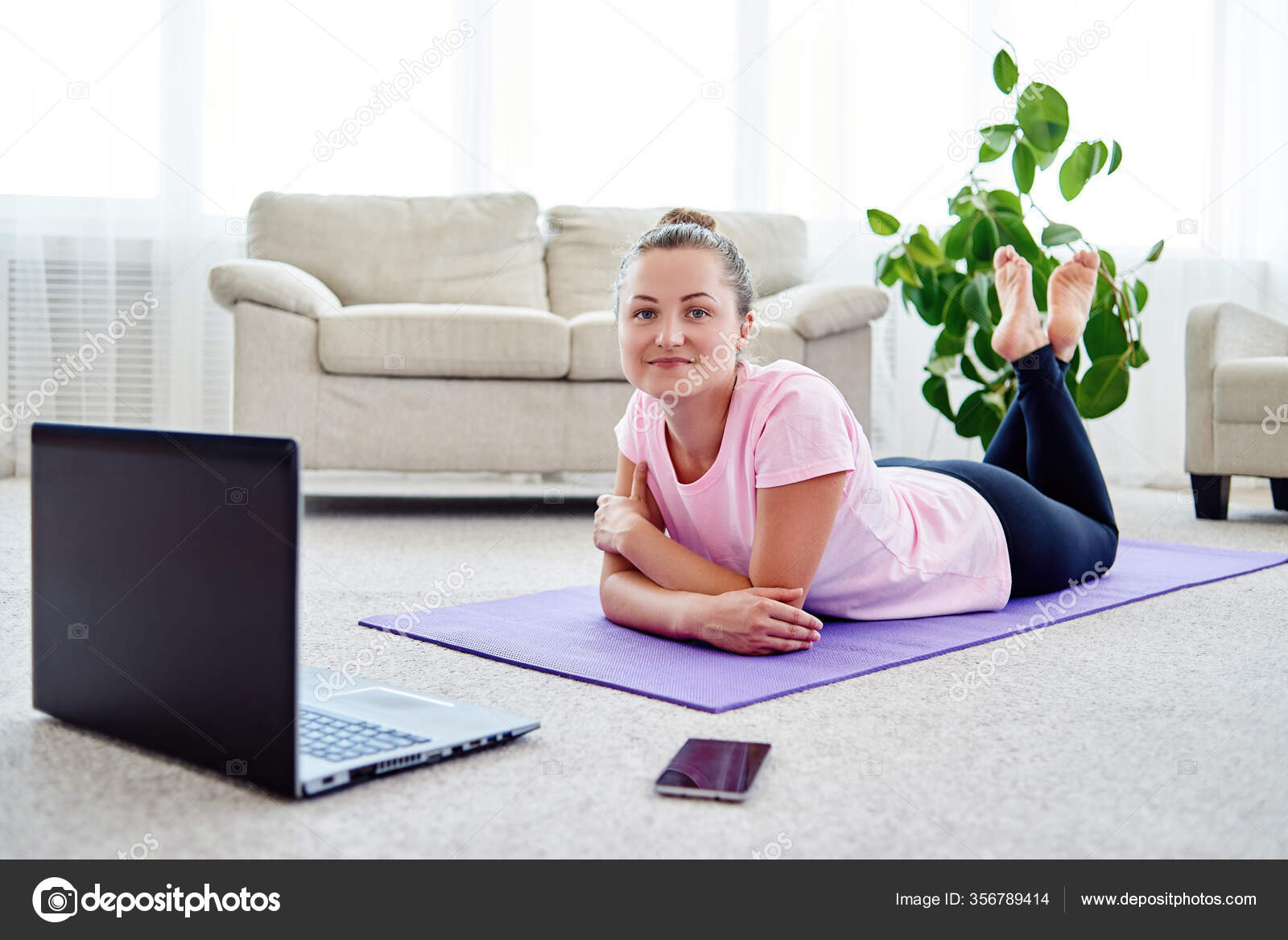Beautiful Young Woman Doing Exercise Floor Home Online Training Laptop ...