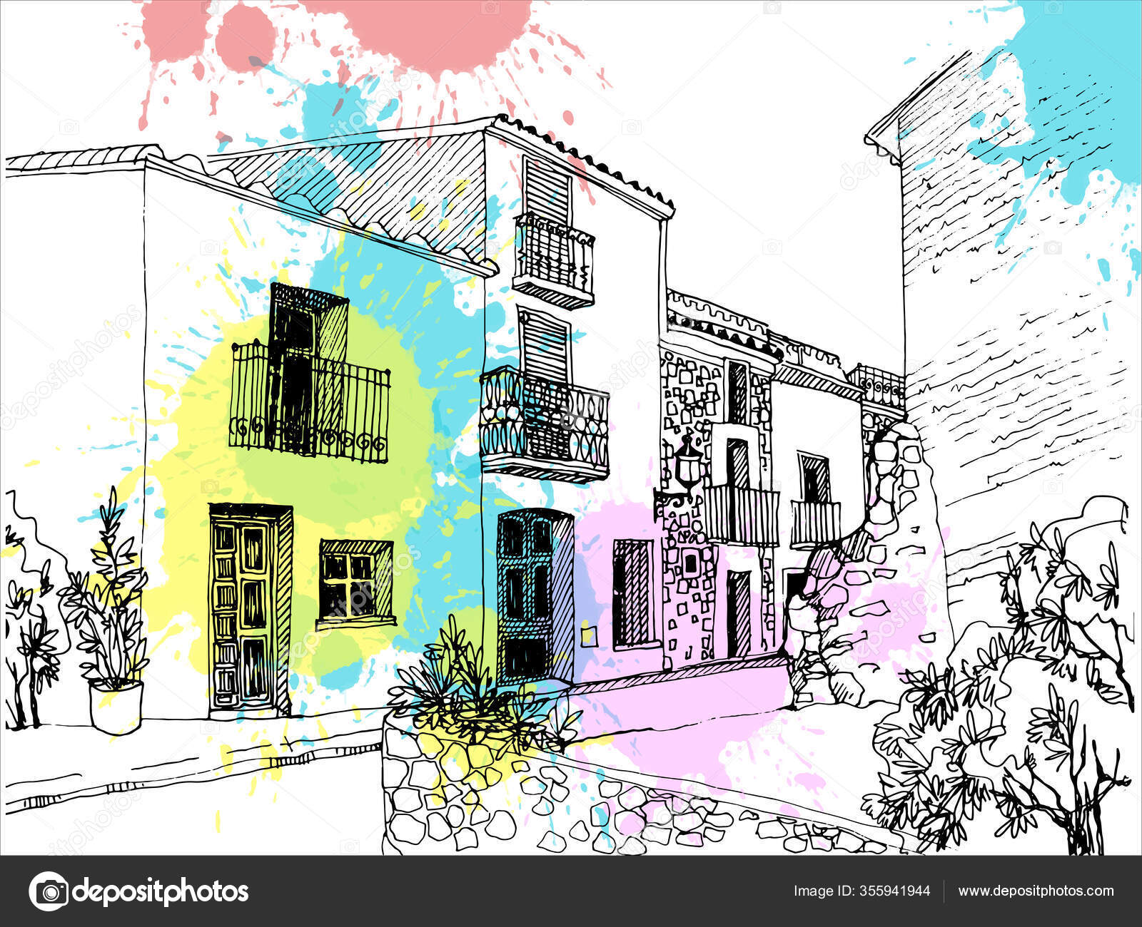 Old City Street Hand Drawn Line Art Sketch Style Vector Stock ...