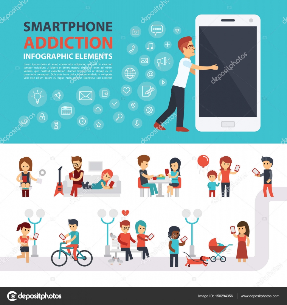Smartphone addiction infographic elements with icon set, people with ...
