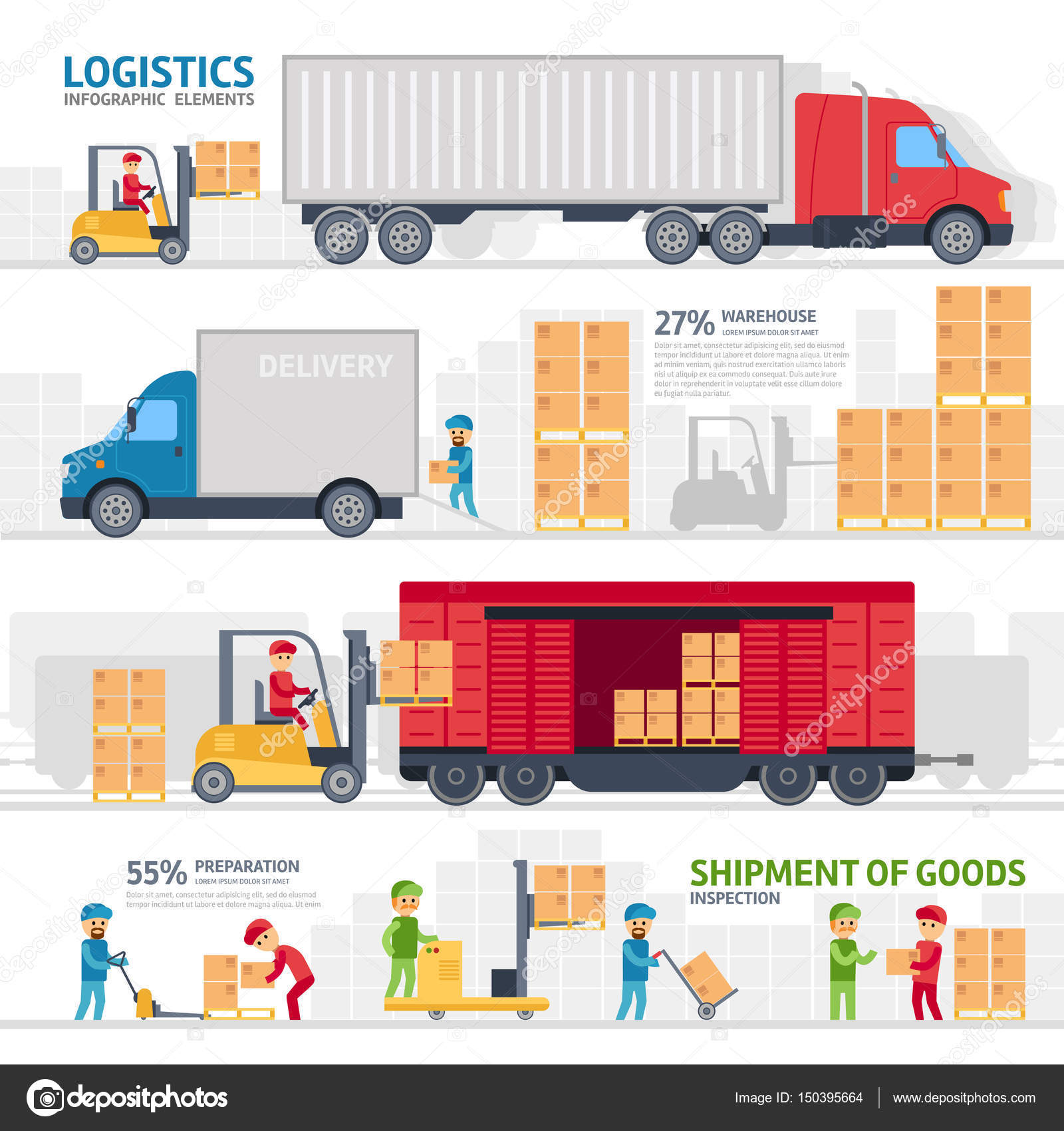 Logistic infographic elements set with transport, delivery, shipping, forklift truck in ...