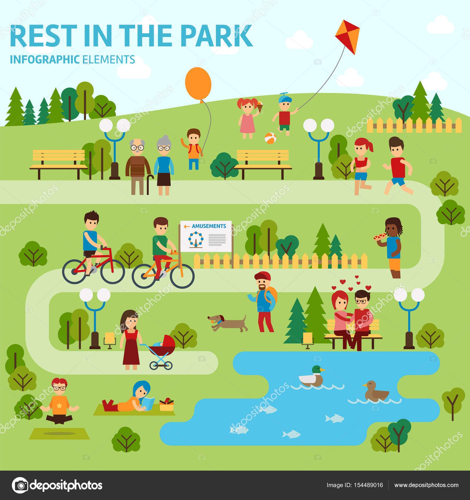 Rest in the park infographic elements flat vector design. People spend ...