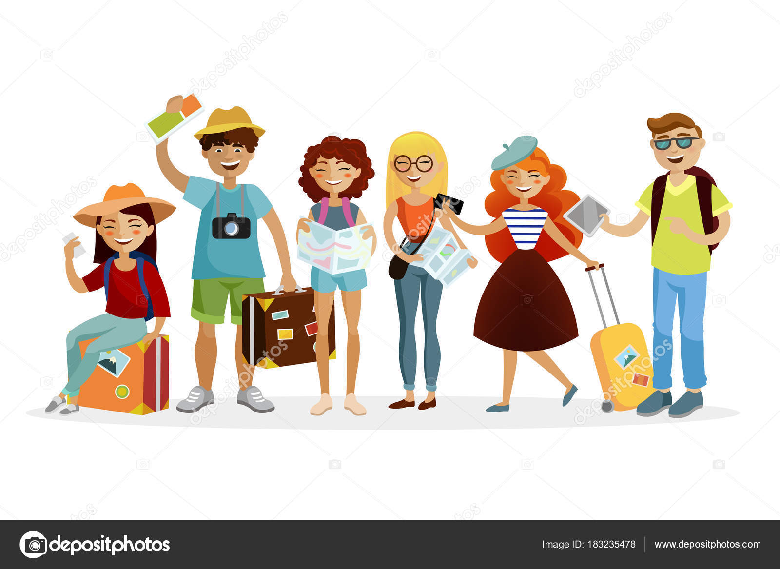 Group of tourists cartoon characters vector flat illustration. Young funny people with suitcases ...